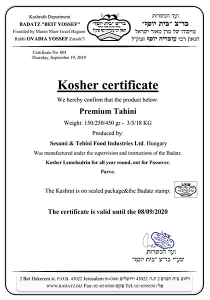 Certificates – Sesame & Tahina Food Industries
